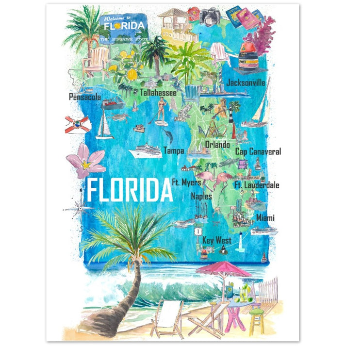 Florida USA Illustrated State Map with Roads and Tourist Highlights ...
