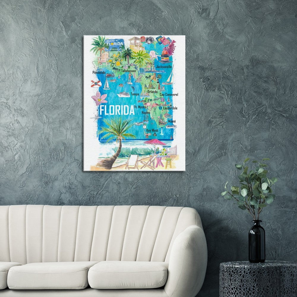Florida USA Illustrated State Map with Roads and Tourist Highlights ...